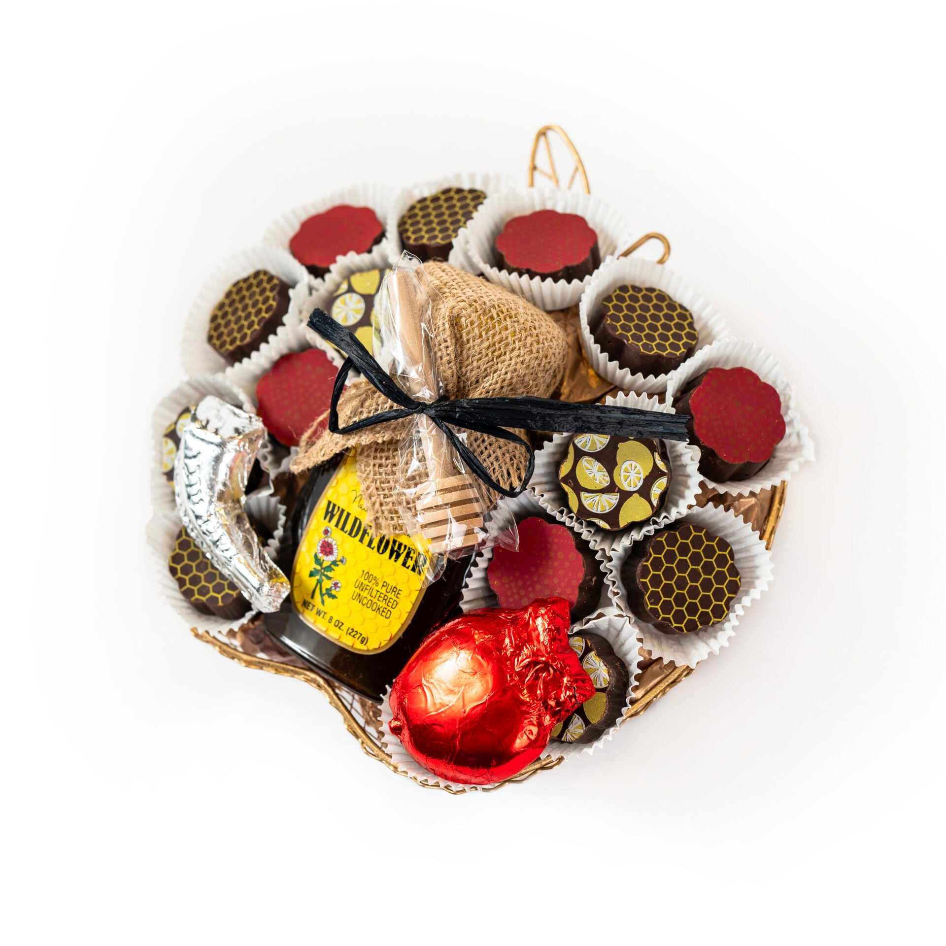 ROSH HASHANAH GOLD WIRE APPLE BASKET W/ HONEY - Le Chocolatier